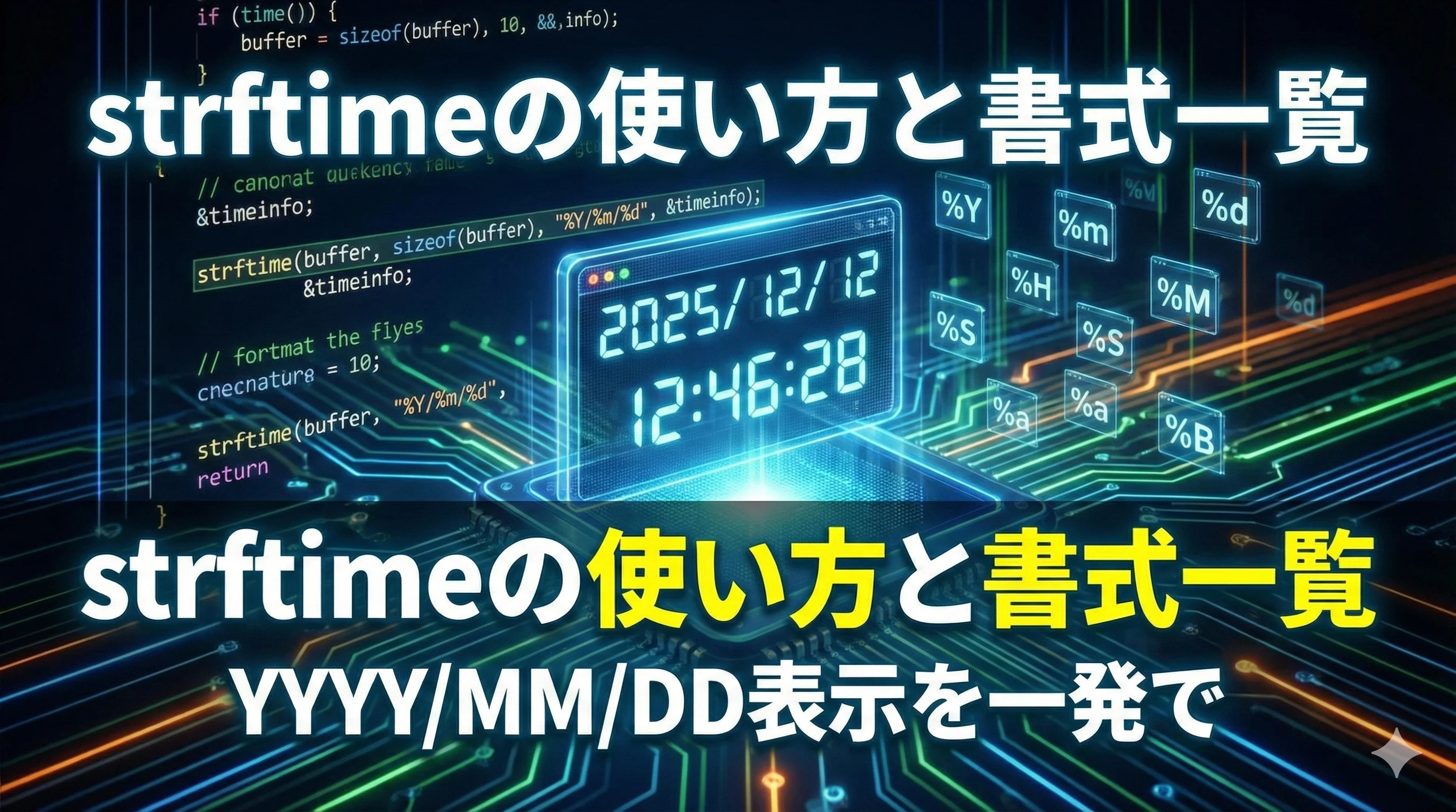 【C言語】 strftimeの使い方と書式一覧｜YYYY/MM/DD表示を一発で | エーテリア